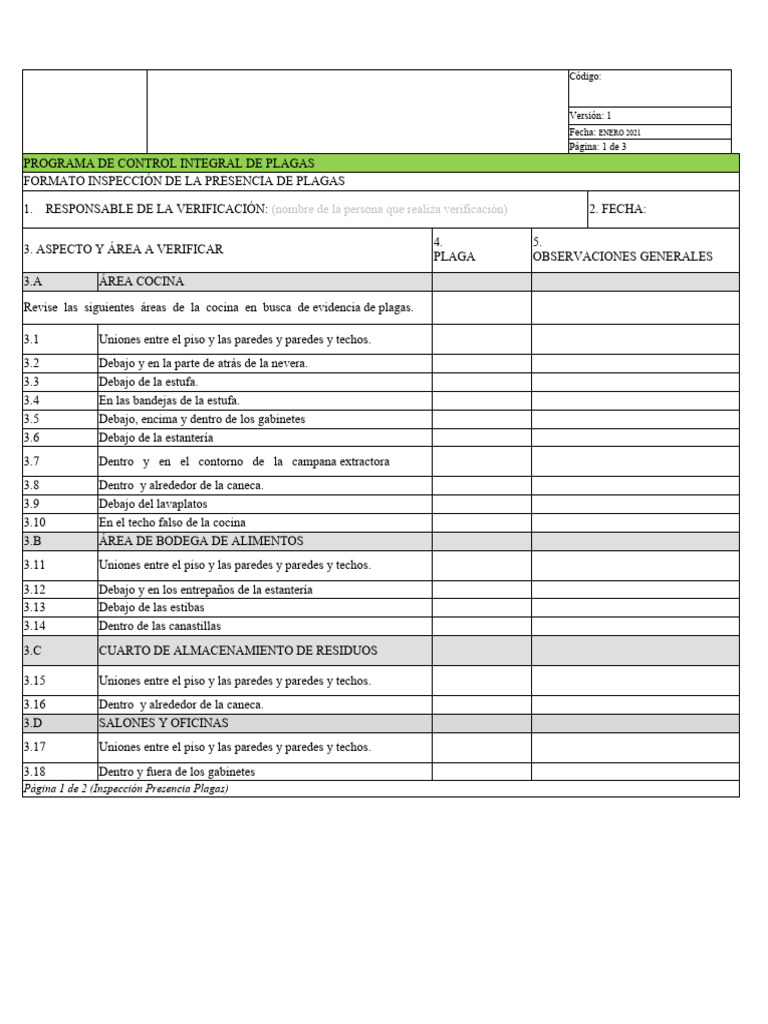 Formato Inspección de La Presencia de Plagas | PDF | Salud pública | Inicio