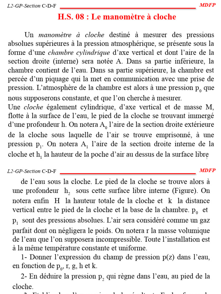 TD-MDF-L2-GP-Manomètre-à-cloche (1) | PDF | Pression | Atmosphère de la Terre
