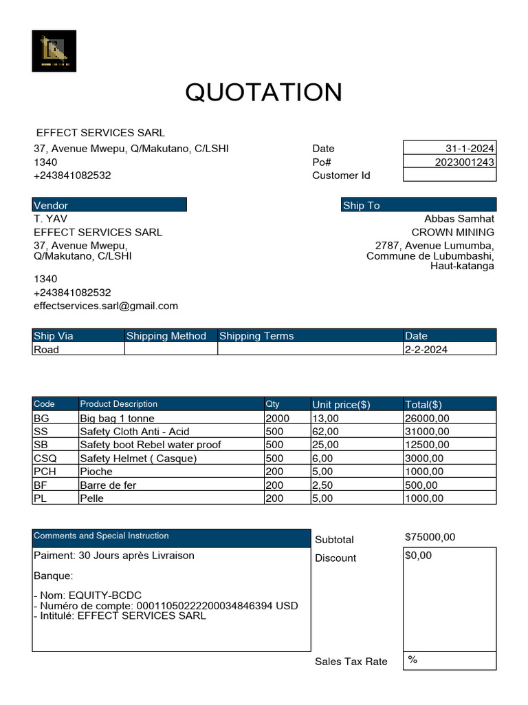 Quotation: Date 31-1-2024 1340 Po# +243841082532 Customer Id | PDF