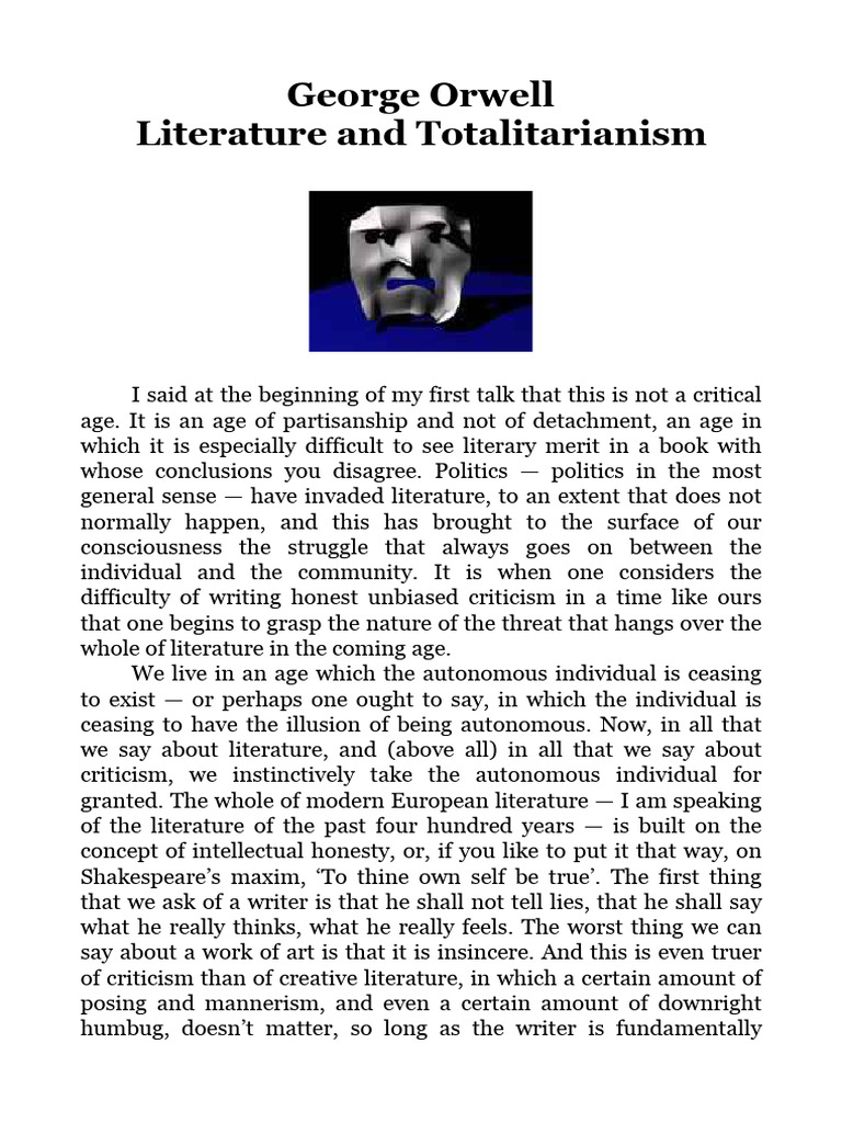 Orwell on Literature vs. Totalitarianism | PDF | Totalitarianism | Thought