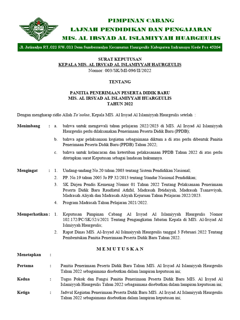 SK 003 - Panitia PPDB 2022 | PDF