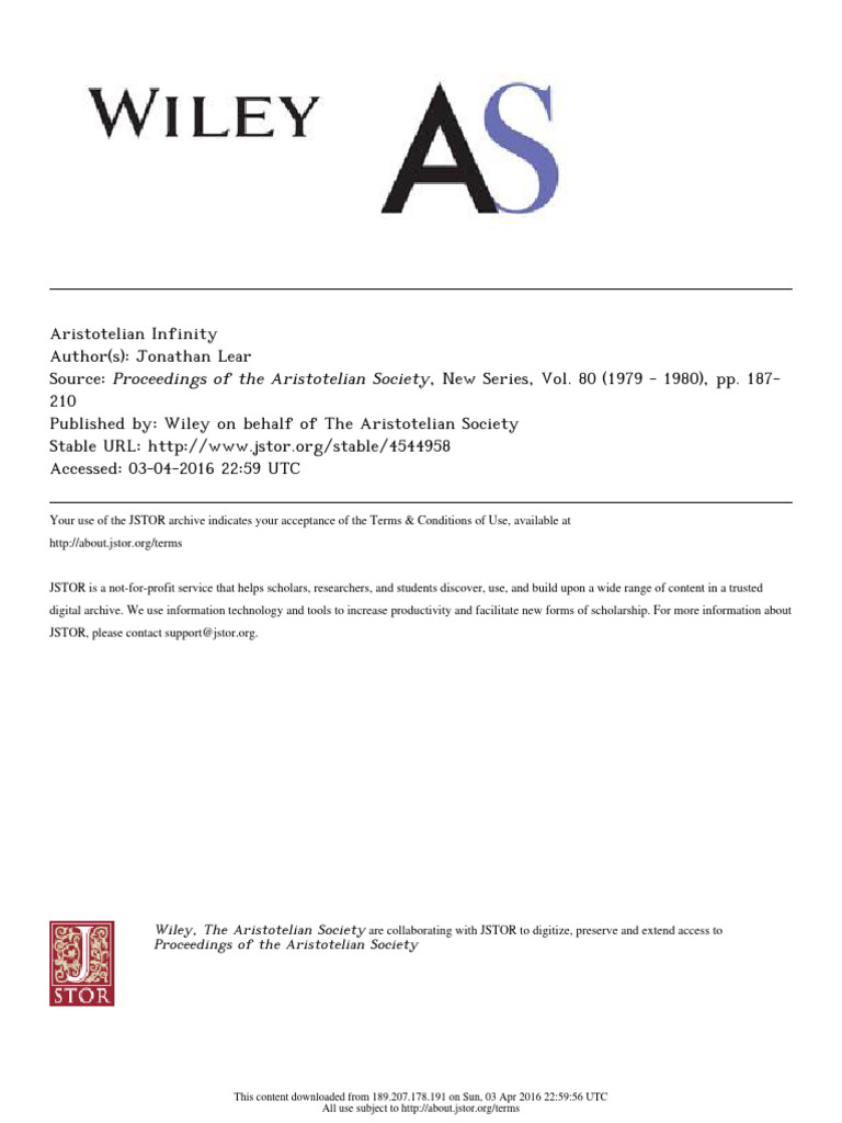 Jonathan Lear Aristotelian Infinity | PDF | Infinity | Time