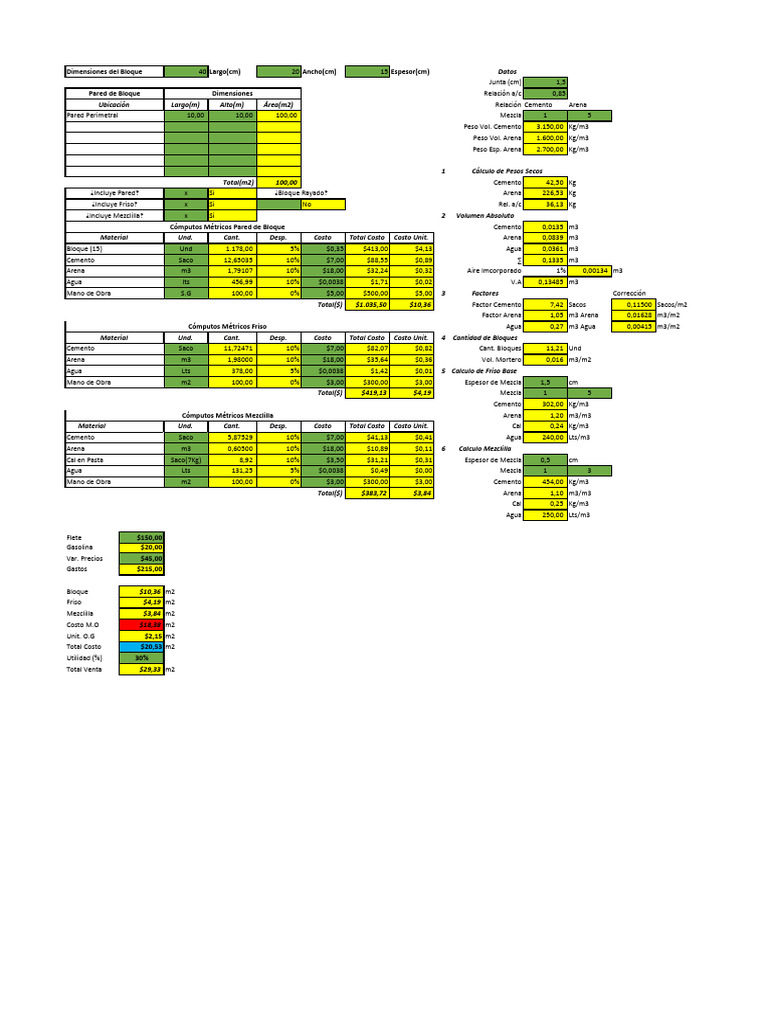 Calculos de APU Pared, Friso y Mezclilla | PDF | Ingeniería estructural ...