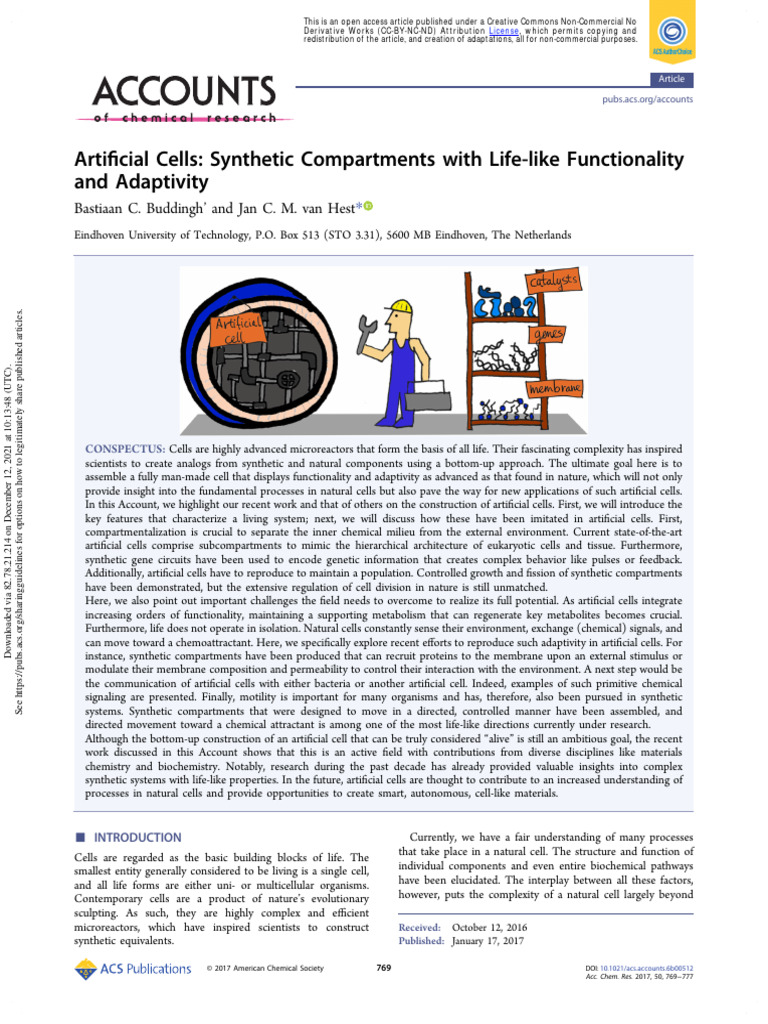 Artificial Cells - Synthetic Compartments With Life Like Functionality ...