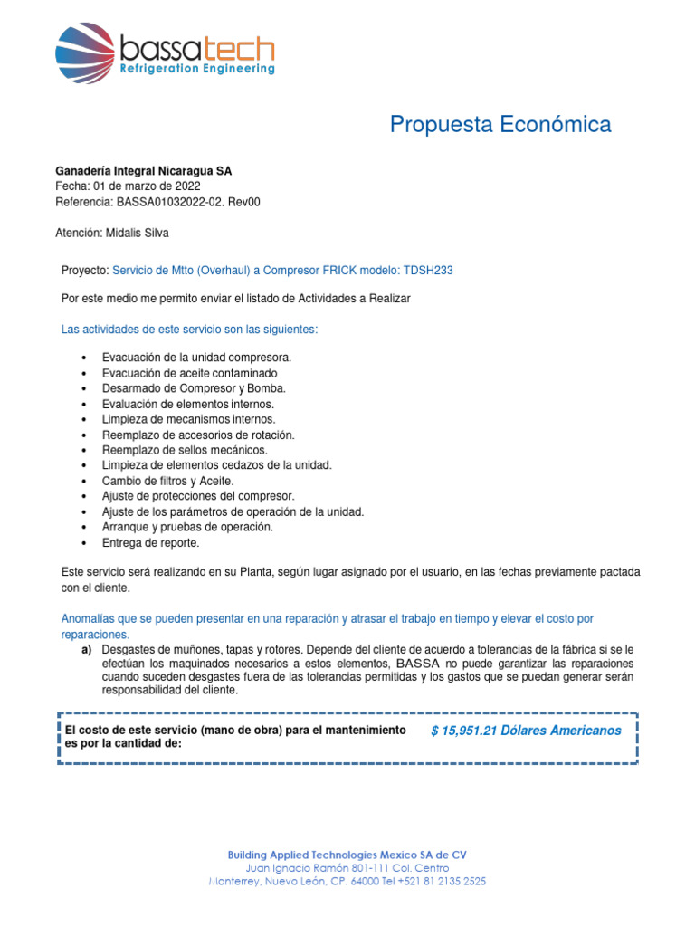 BASSA01032022-02 Rev00 SK Nicaragua OH RWF II 222 CON REFACCIONES #2 | PDF