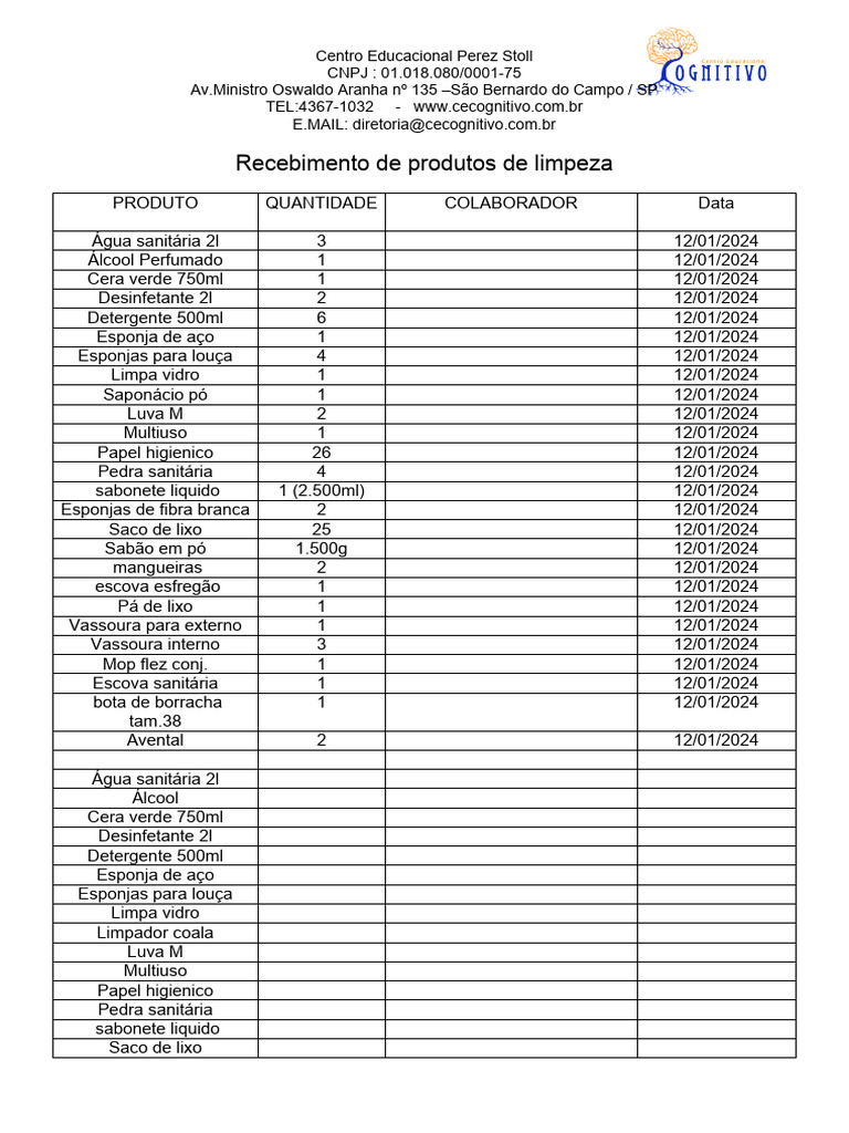 Recebimento de Material de Limpeza | PDF | Limpeza | Higiene