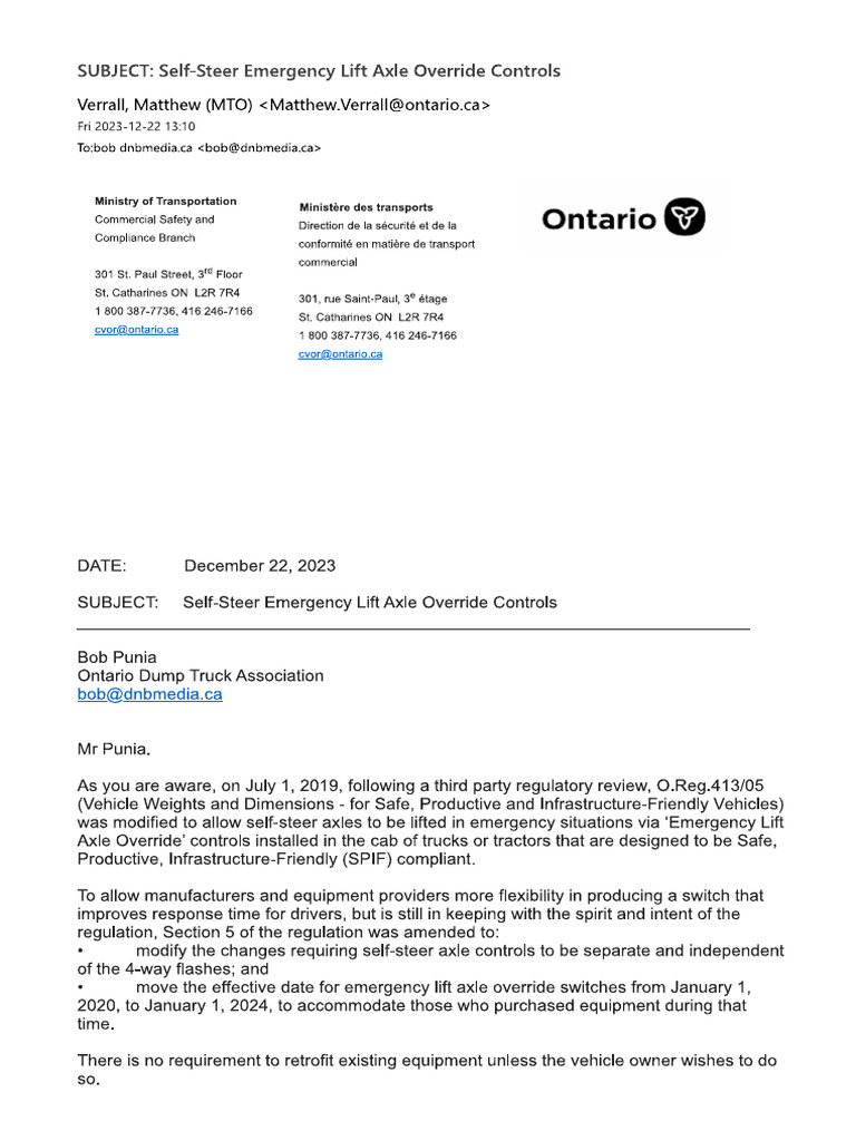 Dec 22 2023 MTO Letter Axle Override | PDF