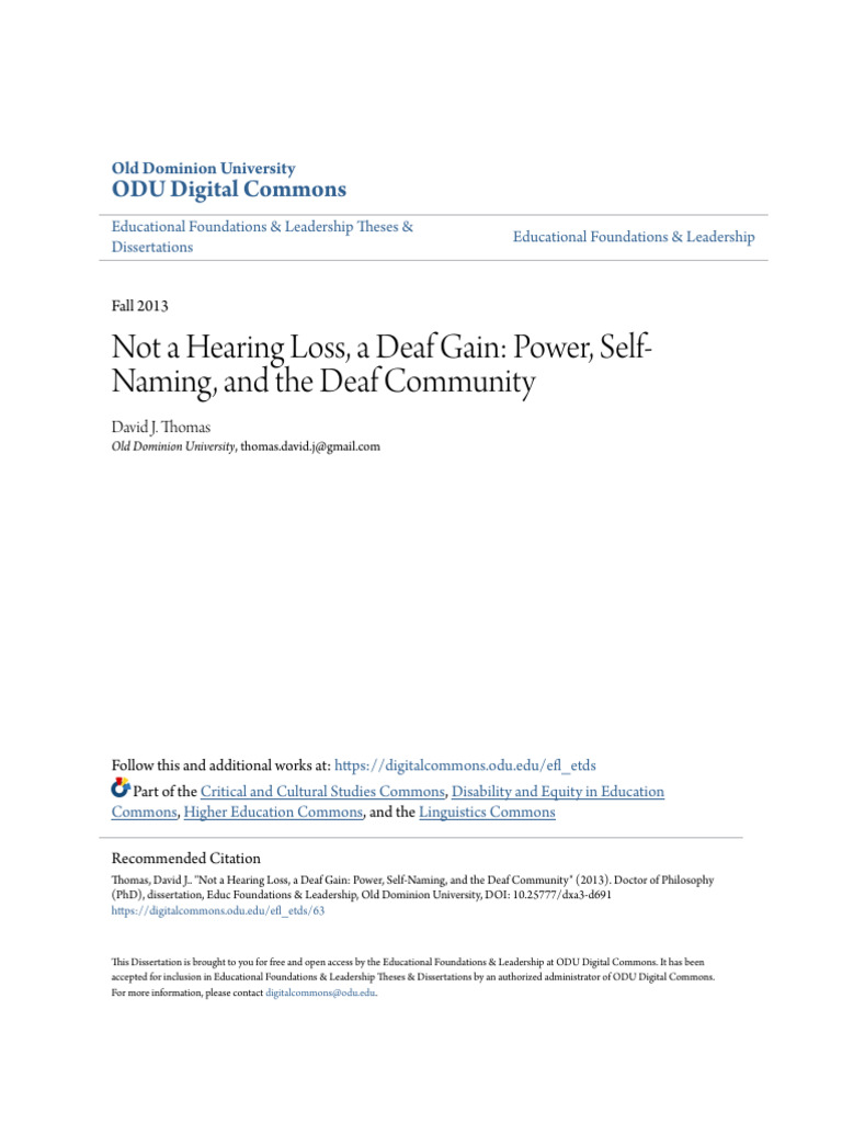 Thomas - 2013 - Not A Hearing Loss, A Deaf Gain Power, Self-Namin | PDF ...