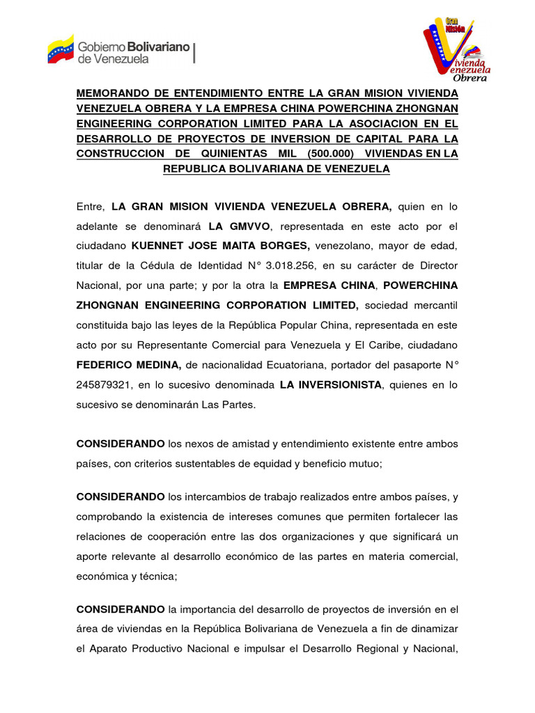 MOU Modelo GMVV - Powerchina | PDF | Venezuela | Business