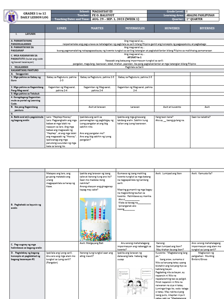 DLL - Araling Panlipunan 1 - Q1 - W1 | PDF