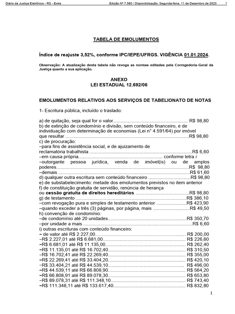 Tabela de Emolumentos 2024 | PDF | Lei Civil (Lei Comum) | Justiça Tabela de Emolumentos 2024 | PDF | Lei Civil (Lei Comum) | Justiça