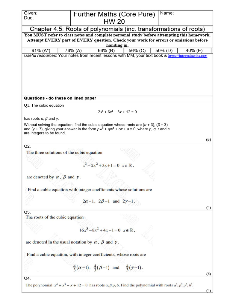HW20 - Roots of Polynomials (Transformations of Roots) | PDF