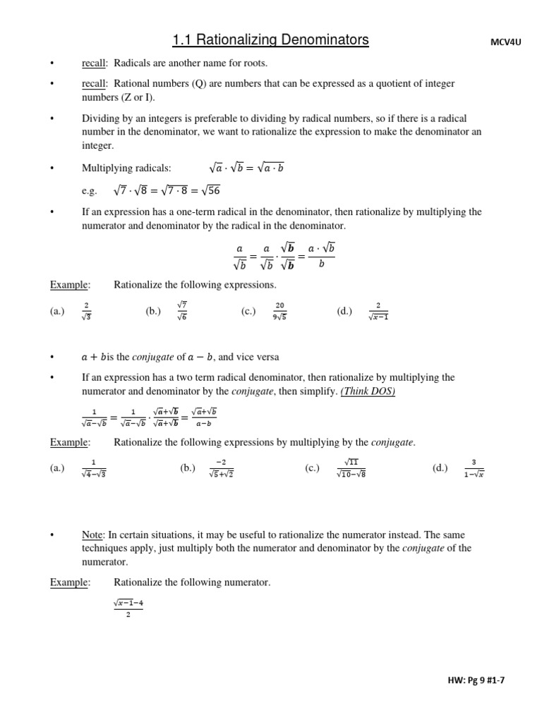 1.1 Rationalizing Denominators | PDF | Multiplication | Numbers