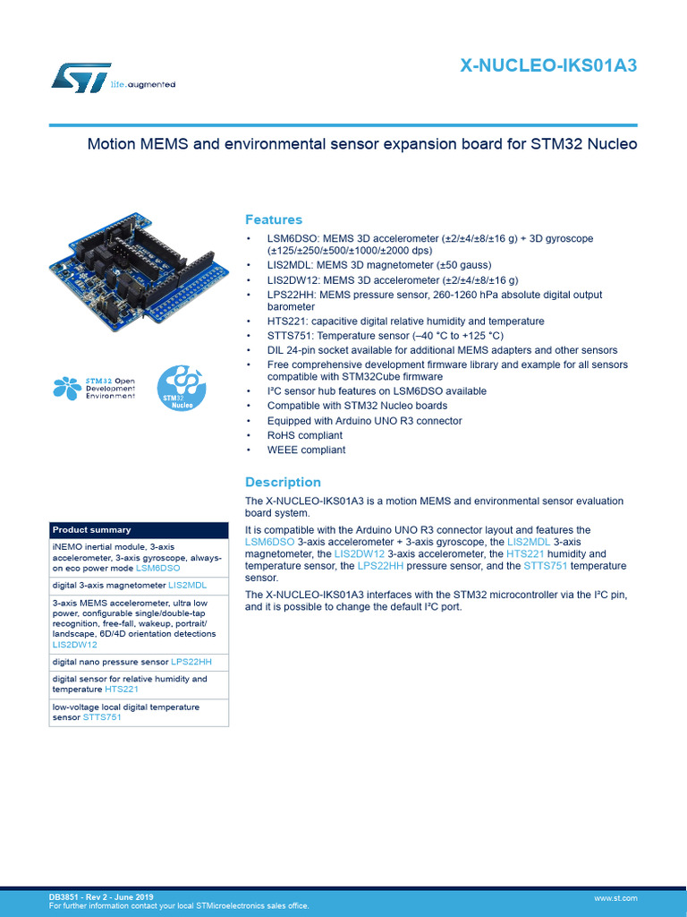 X-Nucleo-Iks01a3 Motion MEMS and Environmental Sensor Expansion Board For STM32 Nucleo | PDF ...