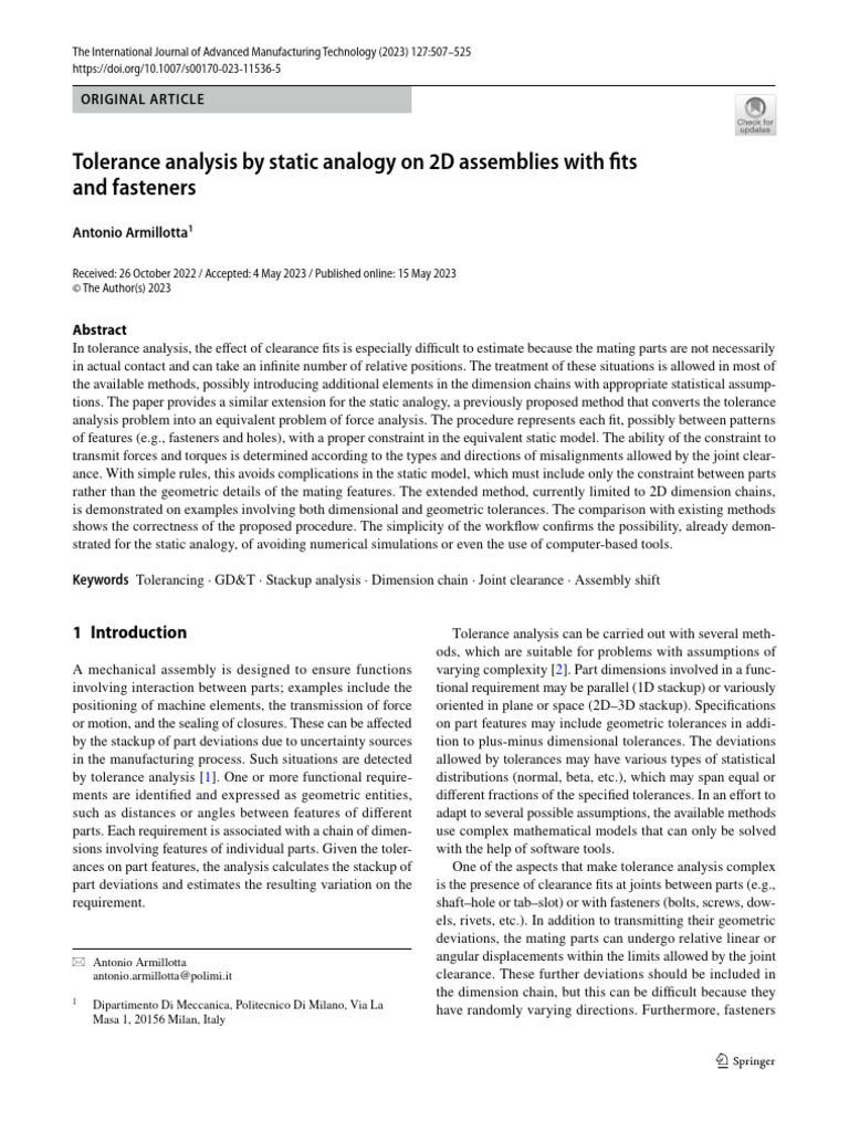Tolerance Analysis by Static Analogy On 2D Assemblies With Fits and Fasteners | PDF ...