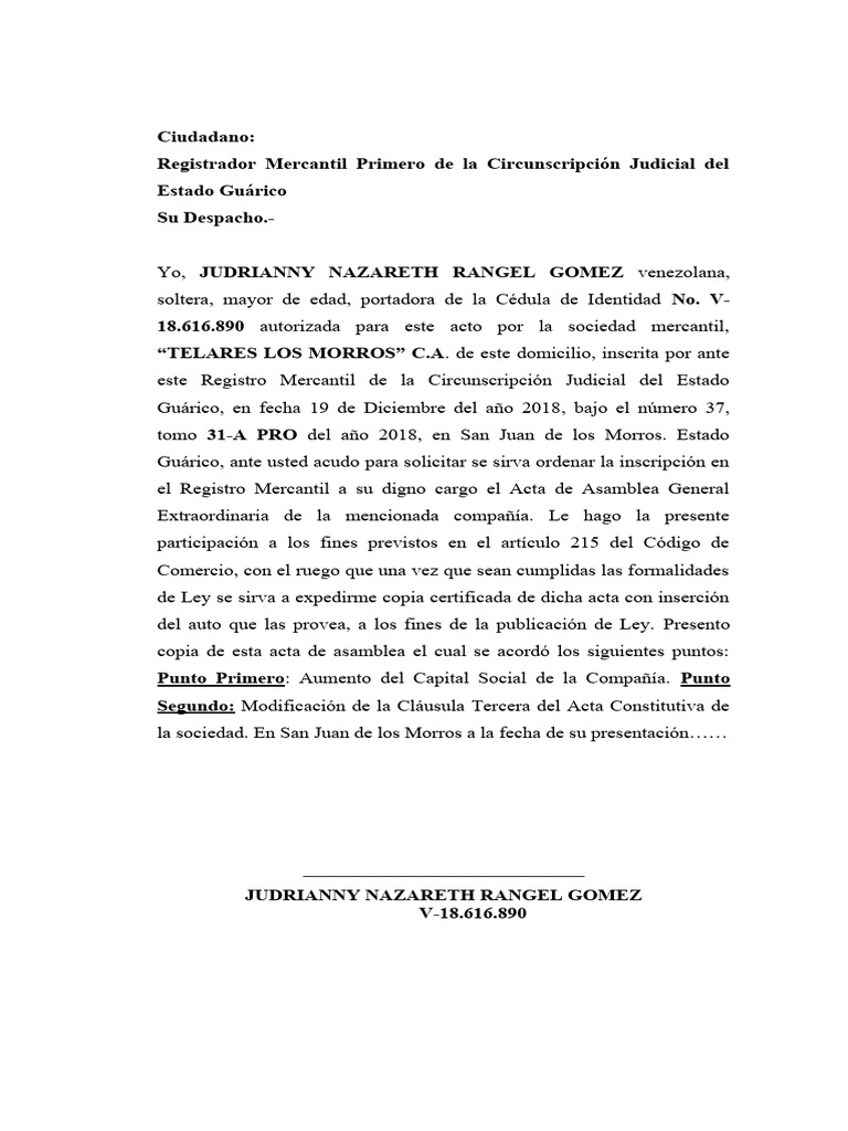 Aumento de Cpaital Telares Los Morros | PDF | Finanzas y dinero | Derecho