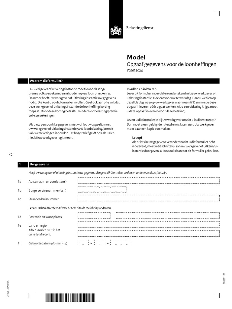 Model Opgaaf Gegevens Loonheffingen Lh0082z11fol | PDF