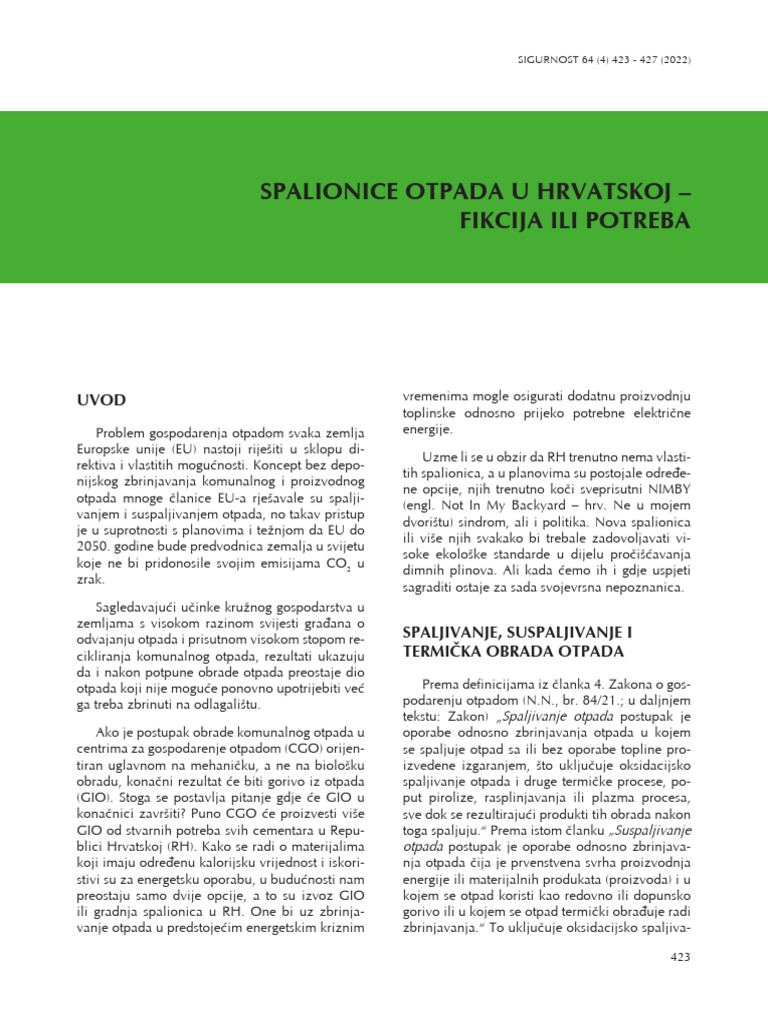 SPALIONICE OTPADA U HRVATSKOJ – FIKCIJA ILI POTREBA | PDF