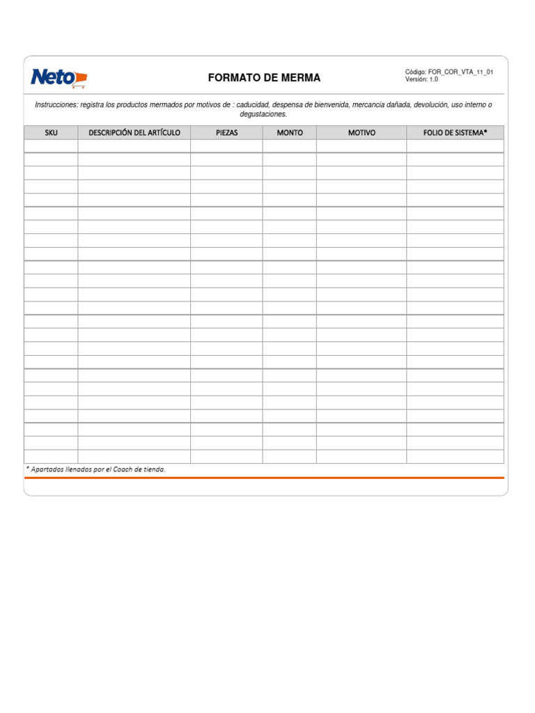 Formato de Merma (Archivo A Llenar Cada Que Se Realiza La Descarga de ...