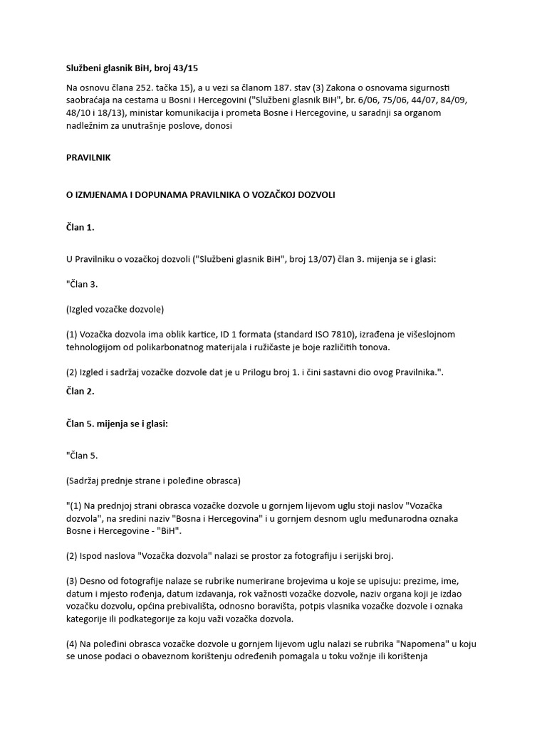 PRAVILNIK O VOZAČKOJ DOZVOLI 43 - 15 Izmjena Zakona | PDF