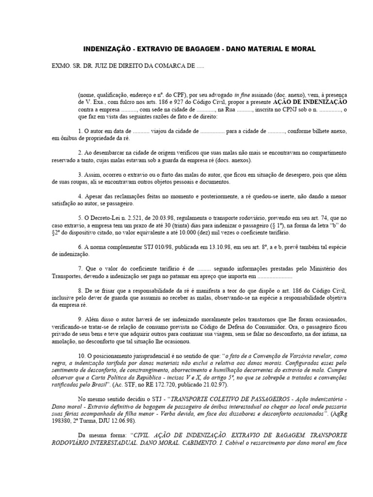 Modelo Extravio de Bagagem | PDF | Indenização | Direito Público