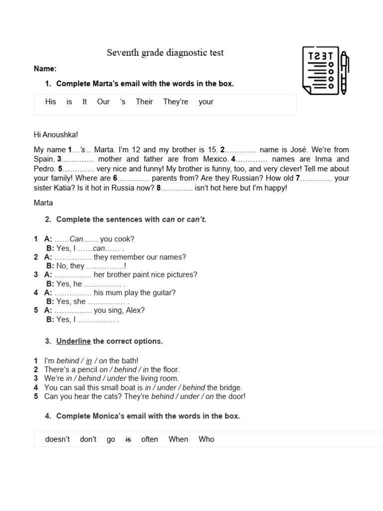 Seventh Grade English Diagnostic Test | PDF