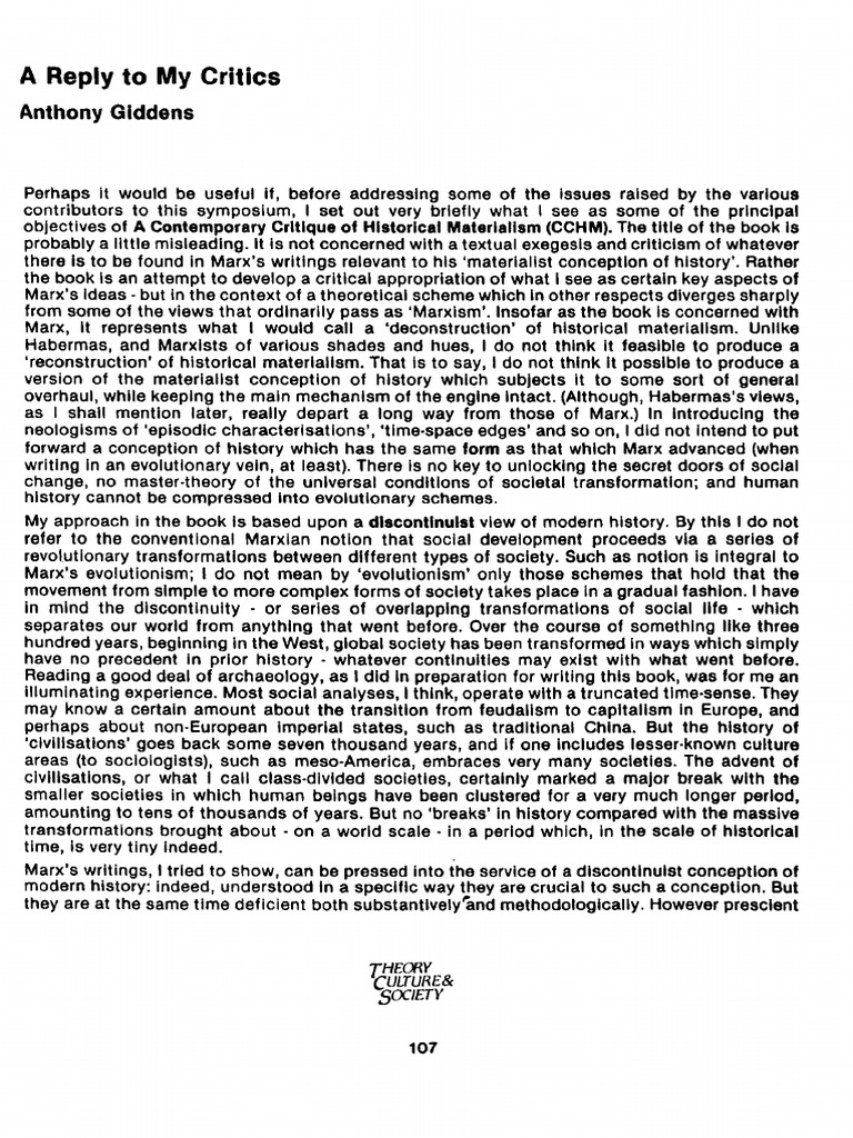 Giddens - A Reply To My Critics | PDF | Marxism | Martin Heidegger