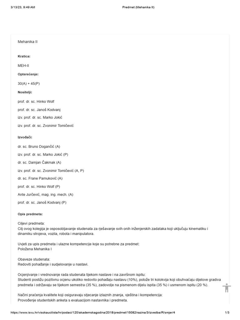 Predmet (Mehanika II) | PDF