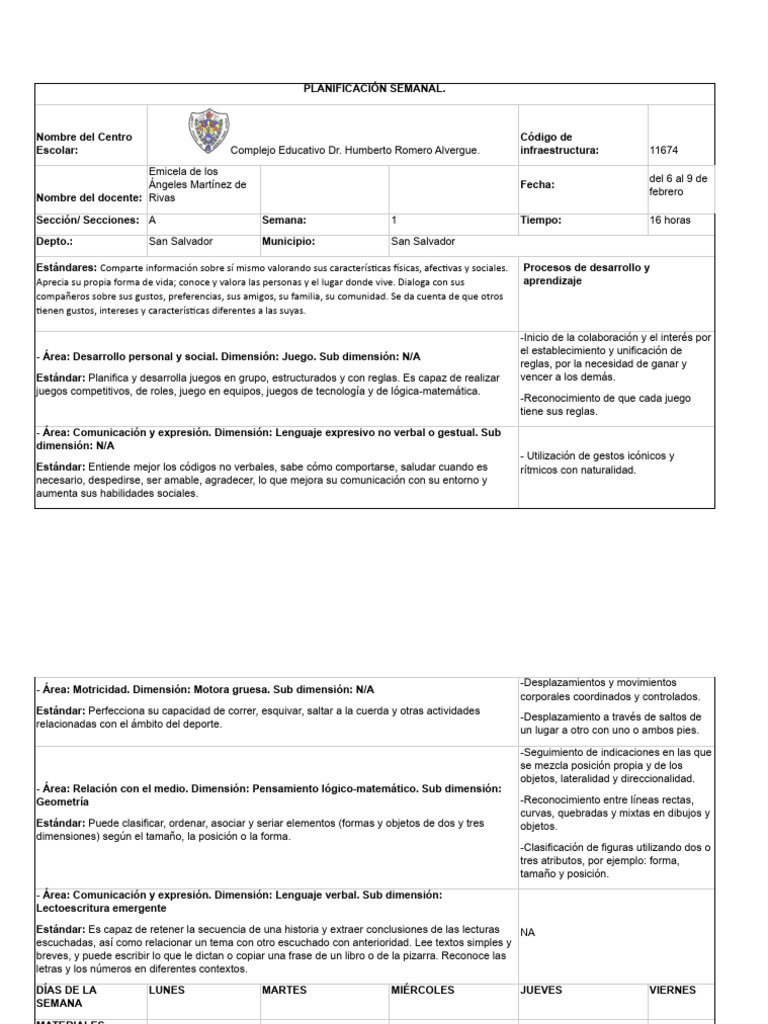 PLANIFICACIÓN SEMANAL PRIMER GRADO A 2024 1,2 y 3 | PDF | Aprendizaje ...