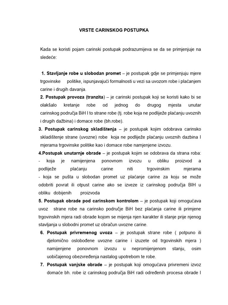 Vrste Carinskog Postupka | PDF