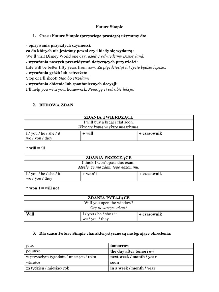 Future Simple - Zasady Użycia | PDF