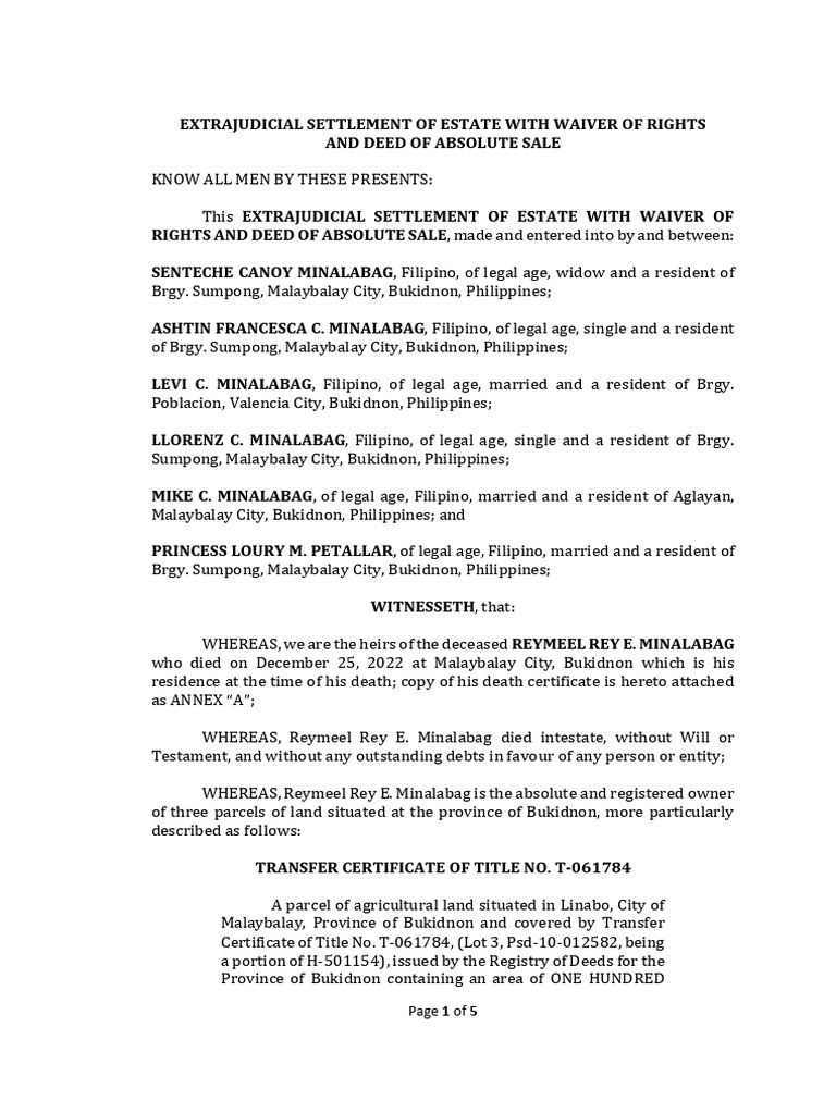 Extrajudicial Estate Settlement & Sale | PDF | Title (Property) | Deed