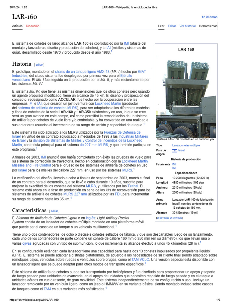 Lanzacohetes LAR-160 de Israel: Especificaciones y Uso | PDF | Cohetes ...