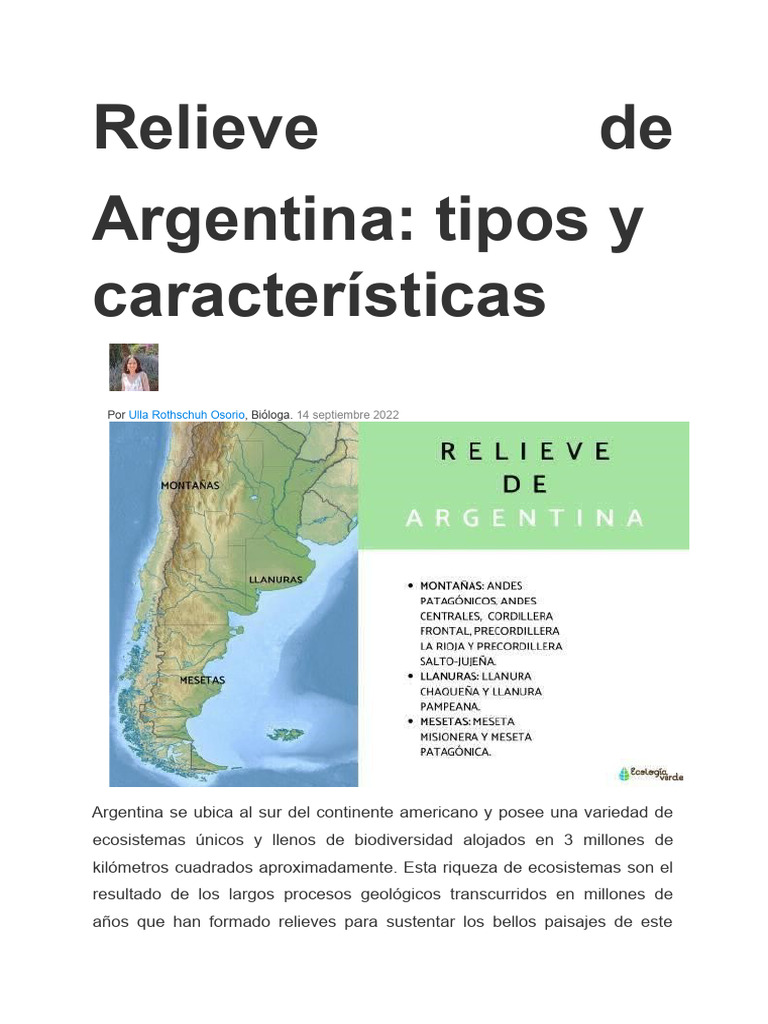 Relieve de Argentina: Tipos y Características: Ulla Rothschuh Osorio | PDF