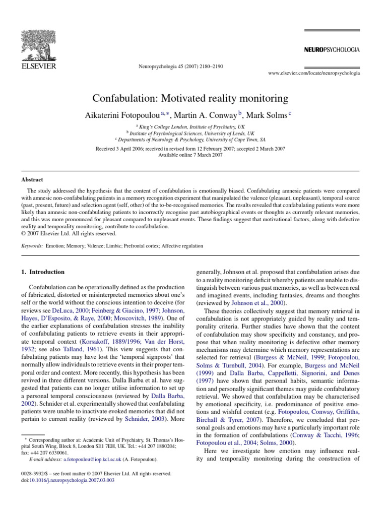 Confabulation Motivated Reality Monitori | PDF | Memory | Neuropsychology