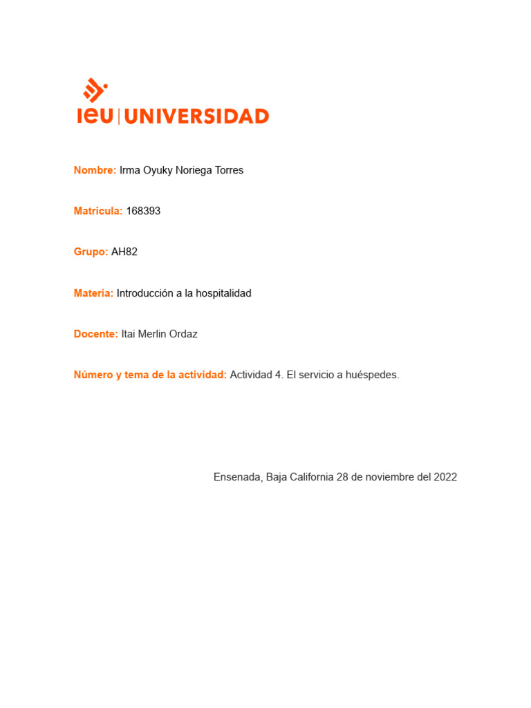 Actividad 4 Introduccion A La Hospitalidad | PDF Actividad 4 Introduccion A La Hospitalidad | PDF