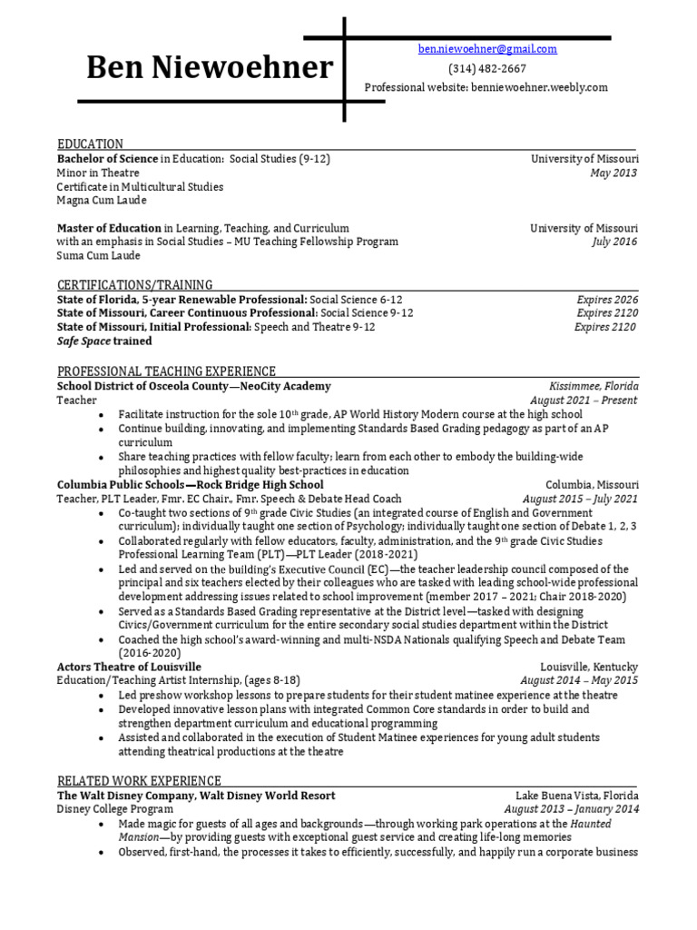 Ben Niewoehner Resume 2024 | PDF | Teachers | Learning