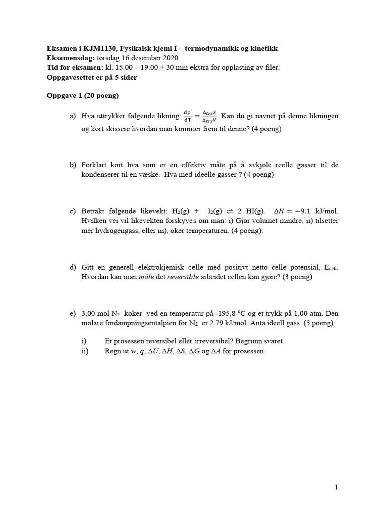 Eksamen KJM1130 H2021 | PDF