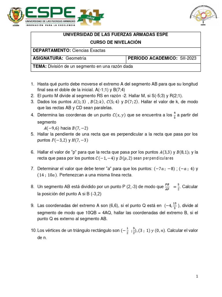 Deber 2 - Division de Un Segmento en Una Razon Dada | PDF