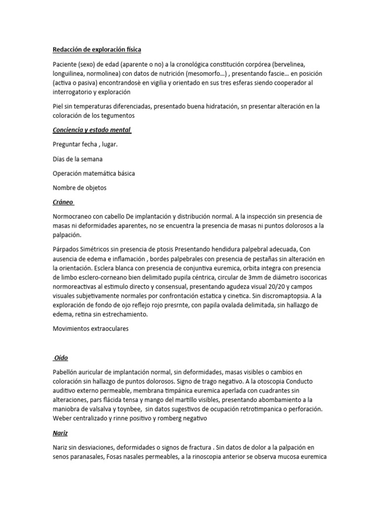 Exploración Física: Normocráneo y Hallazgos | PDF | Rasgos faciales | Cara