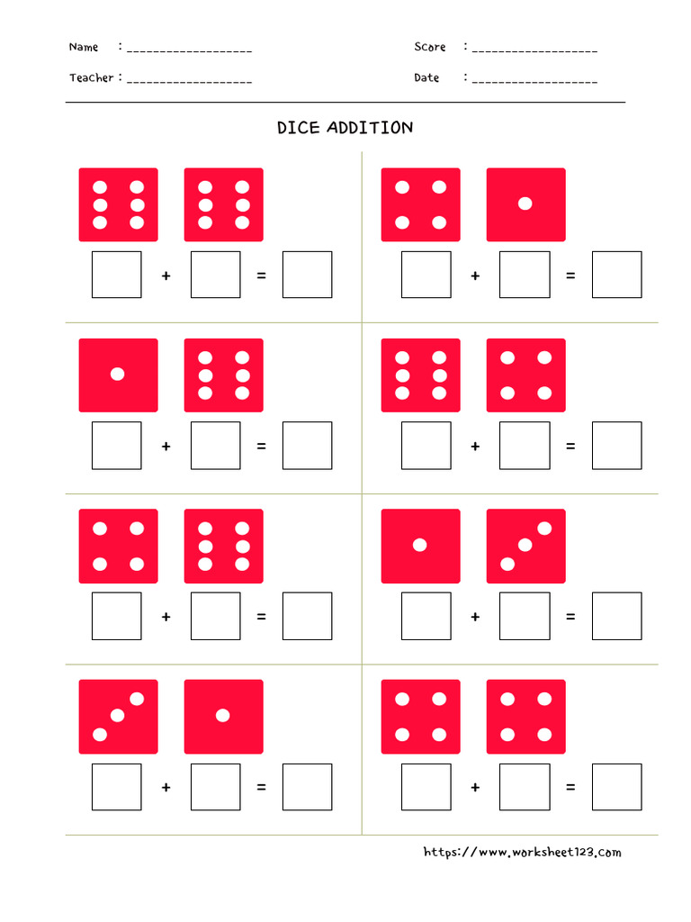 Color Dice Addition Worksheet - Addition 1-6 - With Answer Key | PDF ...