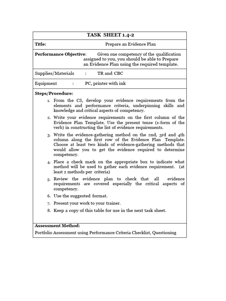 TASK SHEET 1.4-2. Develop Evidence Plan | Download Free PDF | Cognition