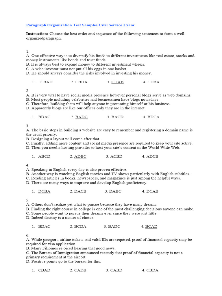 Paragraph Organization Test Samples Civil Service Exam | PDF | Facebook