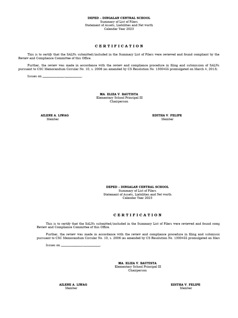 SALN Summary of Filers Matawe ES | PDF | Balance Sheet | Philippines