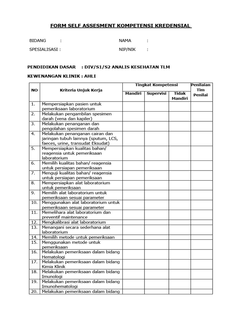 Form Self Assesment TLM Ahli | PDF