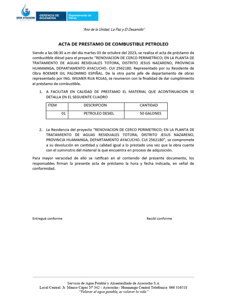 Acta de Prestamo Combustible | PDF