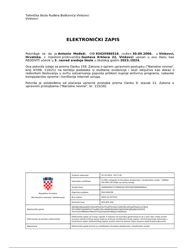 Elektronički Zapis: Hrvatska, S Mjestom Prebivališta Gustava Krkleca 22 ...