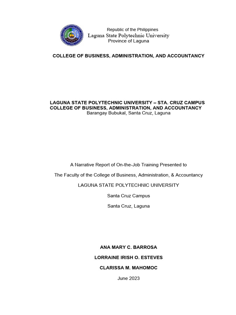 OJT Narrative Report: Santa Cruz Treasury | PDF | Psychological Concepts | Behavior Modification