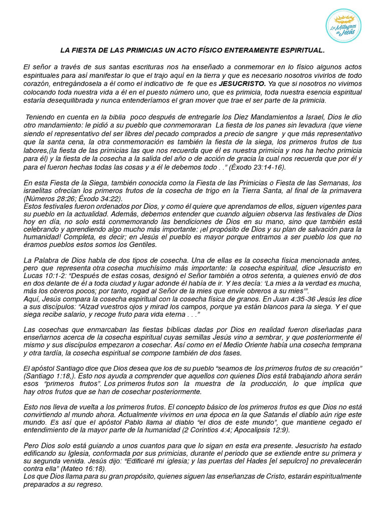 La Fiesta de Las Primicias Un Acto Físico Enteramente Espiritual | PDF ...