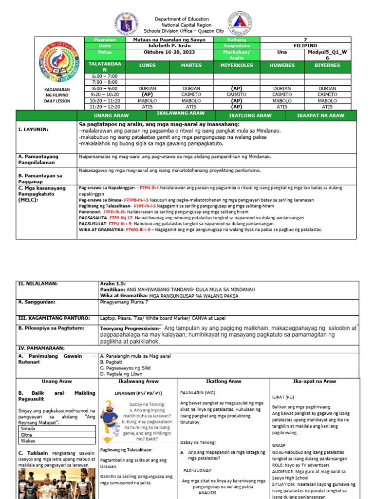 DLL Q1 Week 7 Mahiwagang Tandang Dula NG Mindanao Justo | PDF